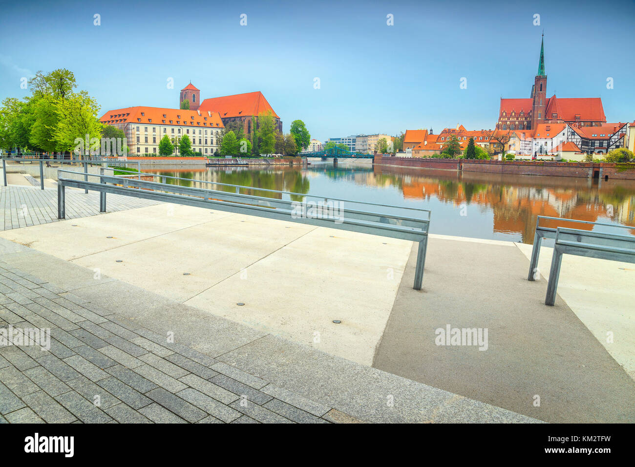 Fantastic cityscape with Odra river and St John cathedral, near Ostrow ...