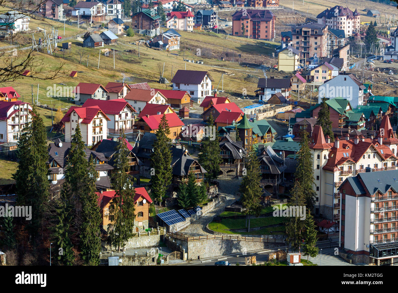 Houses of Bukovel ski resort in carpathian mountains in Ukraine Stock ...