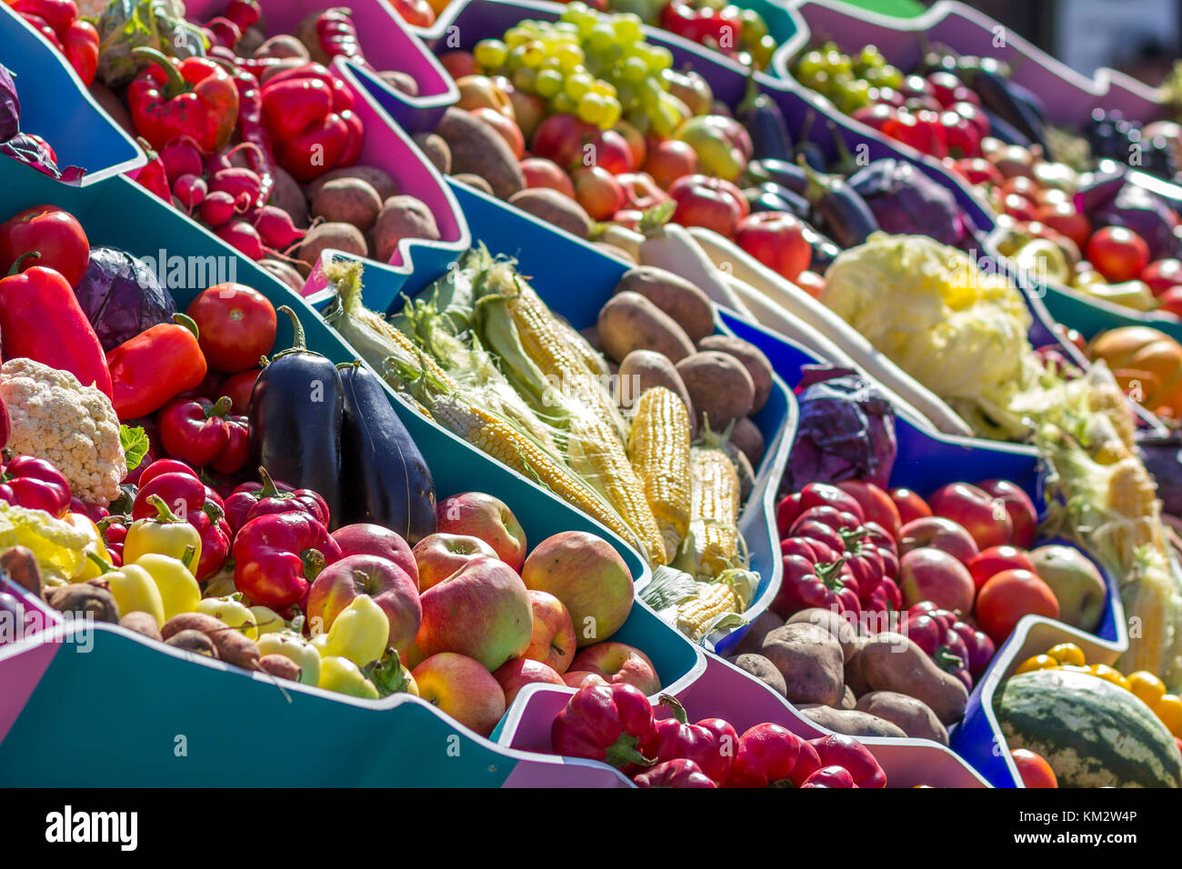 Farmers fruit market with various colorful fresh fruits and vegetables ...