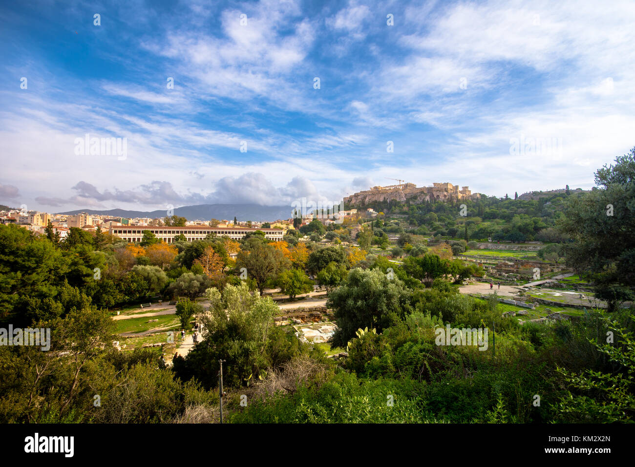 Acropolis with Parthenon. View from the ancient market (agora) with ...