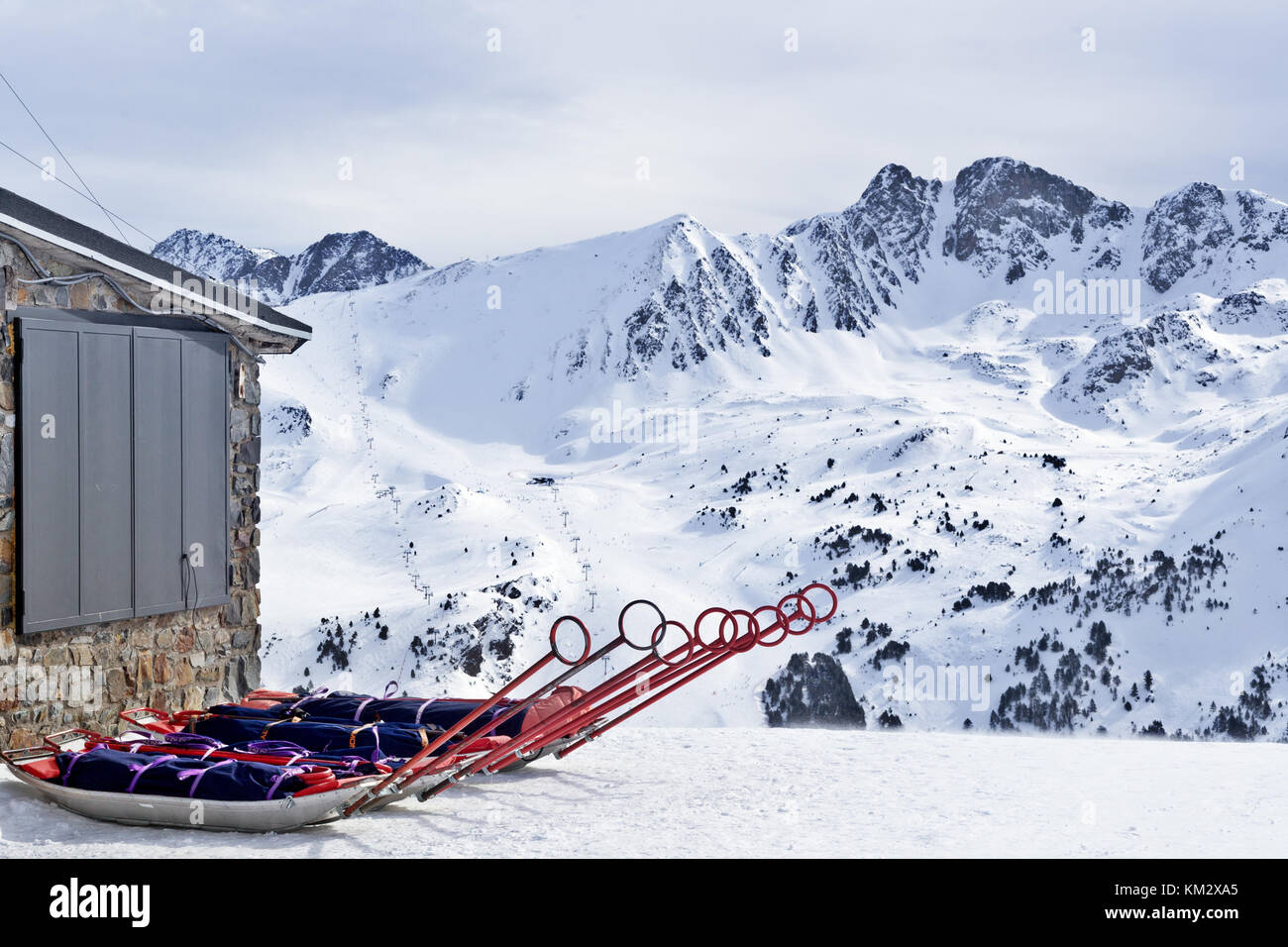 Sledge drag harrows, at medical aid station of rescuers in mountains ...