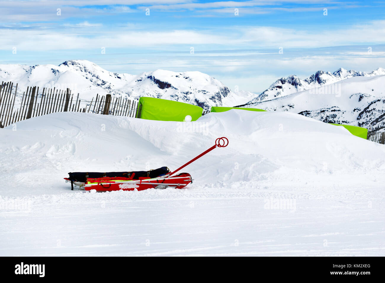 Sledge drag harrows, at medical aid station of rescuers in mountains ...