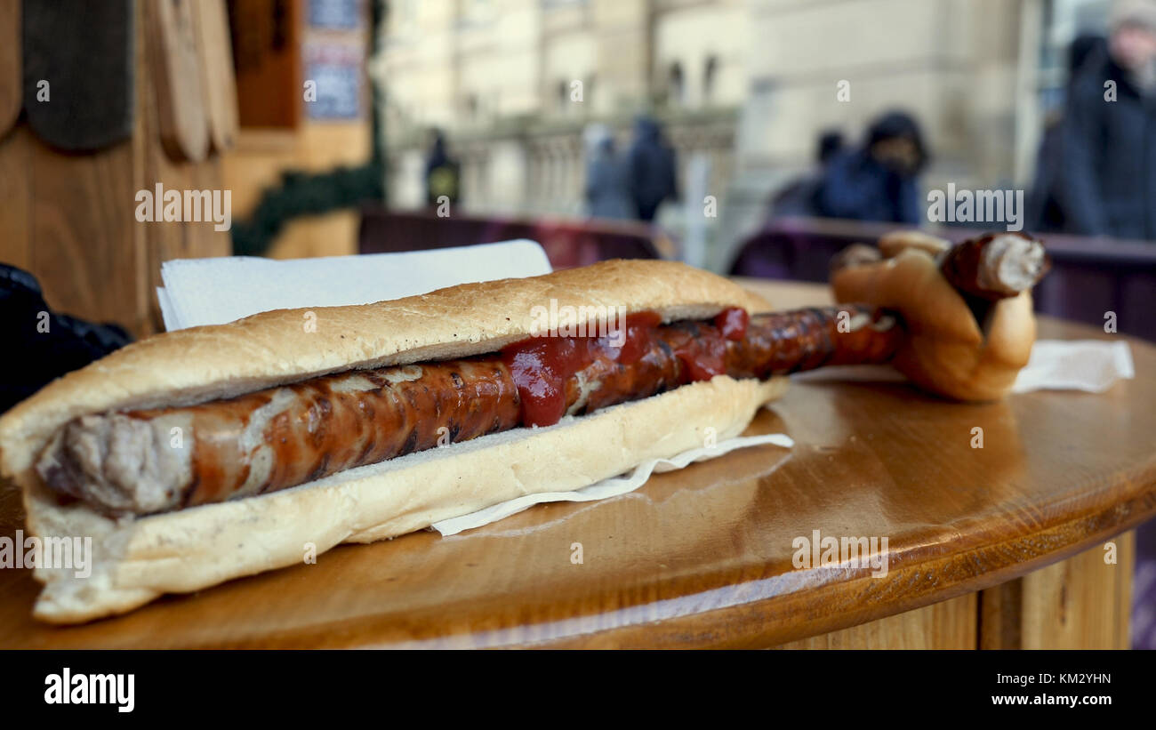 Closeup View German Sausage Bockwurst at Christmas Market Stock Photo ...
