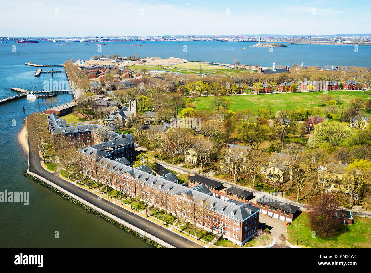 Aerial view from helicopter on Governors Island in Upper New York Bay ...