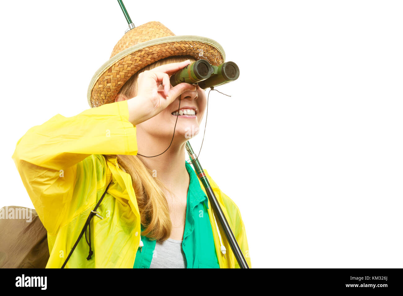 Fishery, spinning equipment, angling sport, activity concept. Woman ...