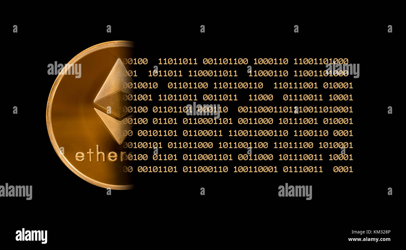 Ether or ethereum coin with bits and black background Stock Photo - Alamy