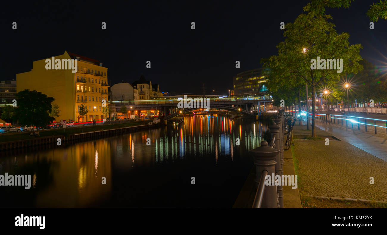 Spree Canal in Berlin night effect from lights over bridge on ...