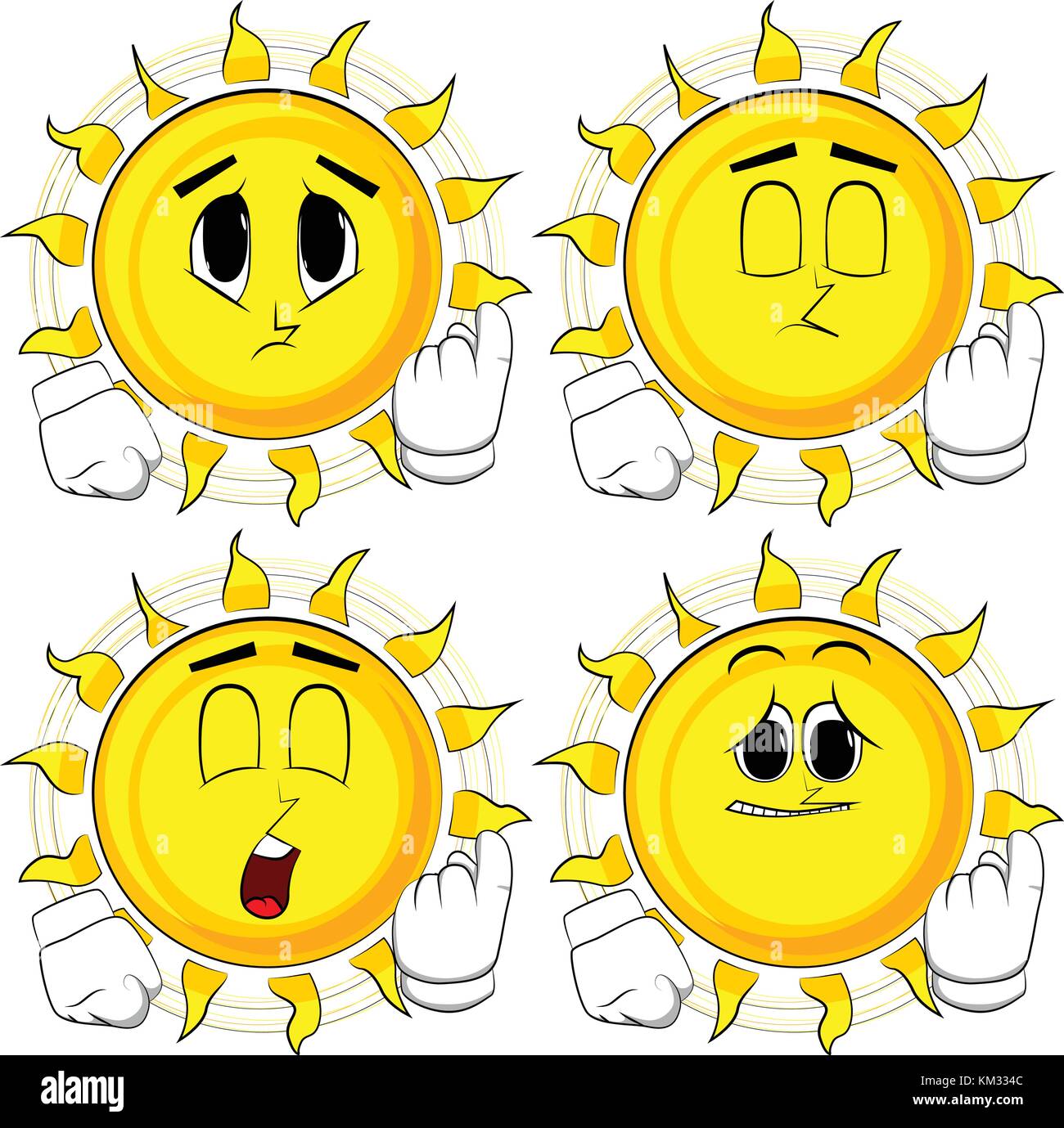 Cartoon sun inviting to come there. Collection with sad faces ...