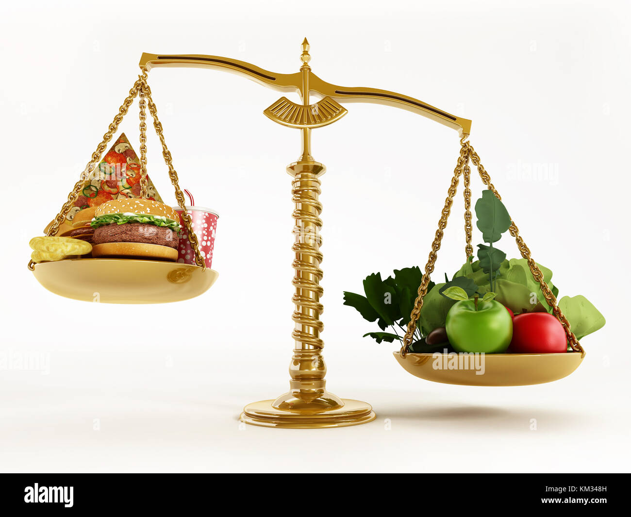 Healthy food and junk food in scales of a balanced scale. 3D ...