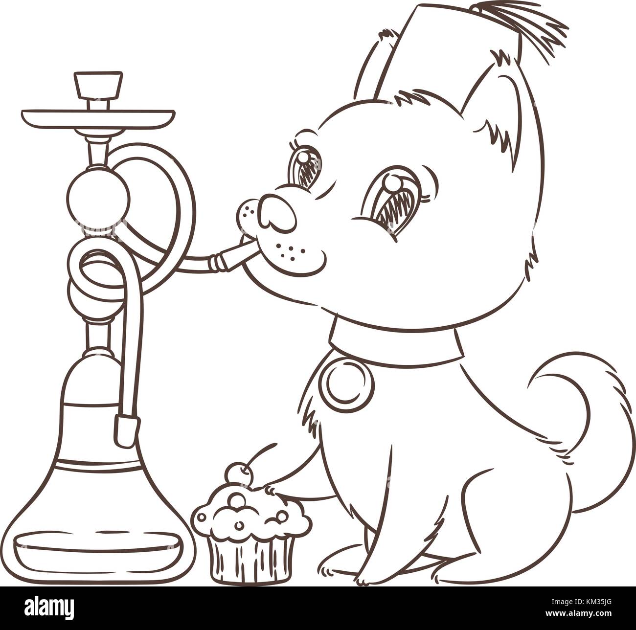 Happy golden cartoon puppy smoking hookah in turban. Cute little dog ...