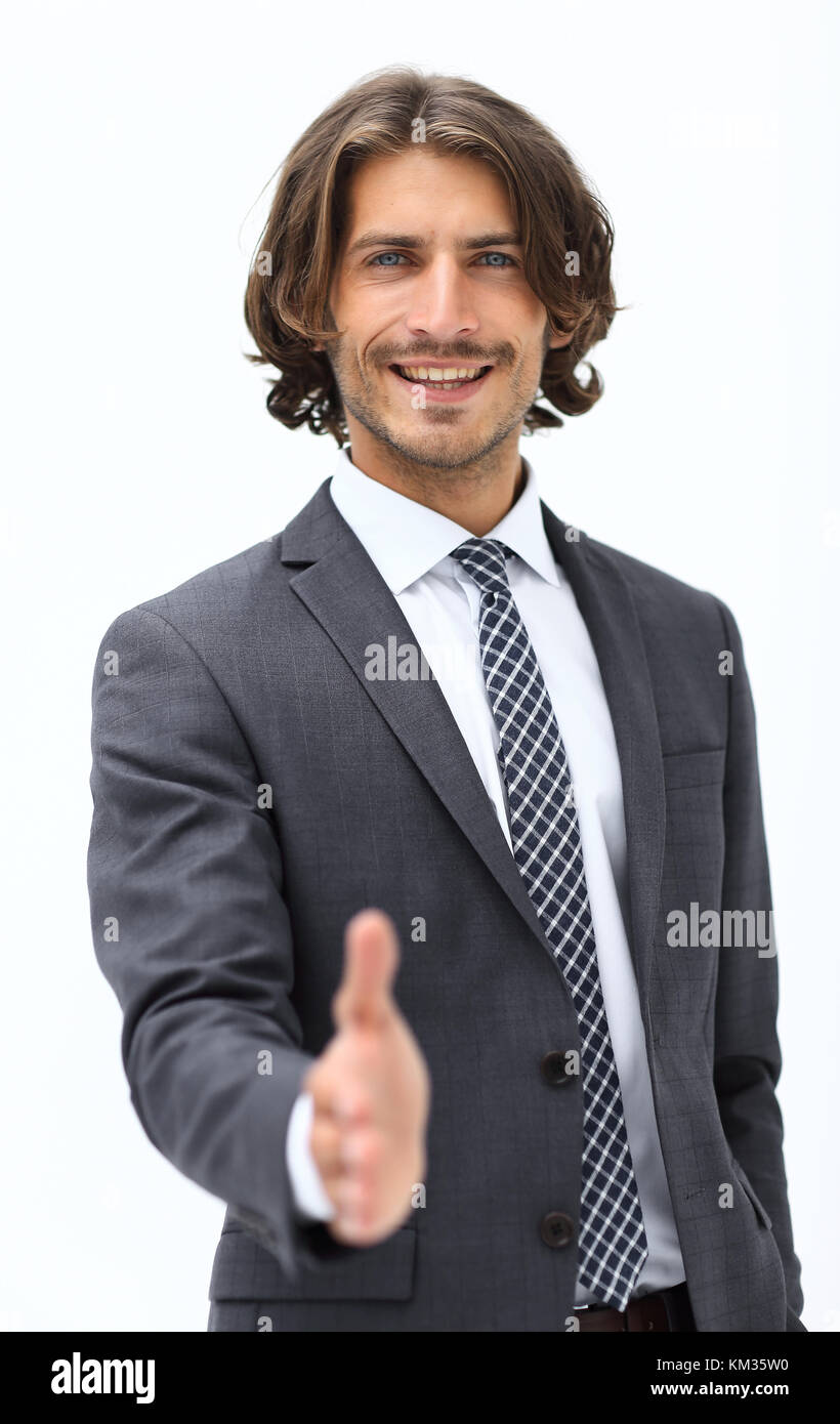 Businessman offering handshake to you on white background Stock Photo ...
