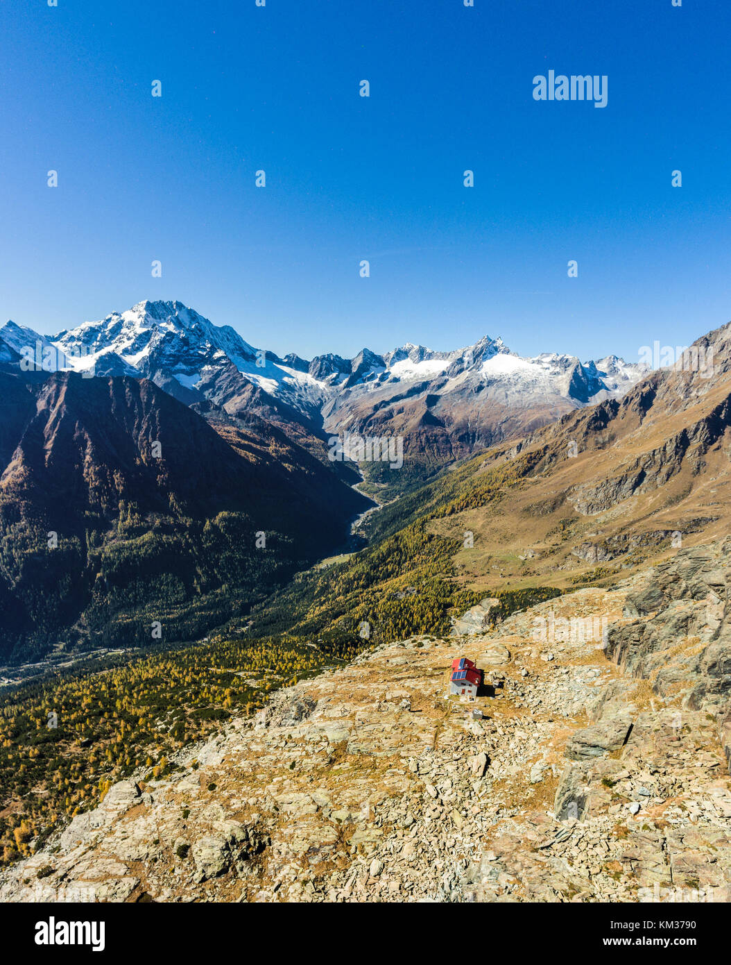 Panoramic view, Alps. Forest with glaciers and refuge alpine Stock ...
