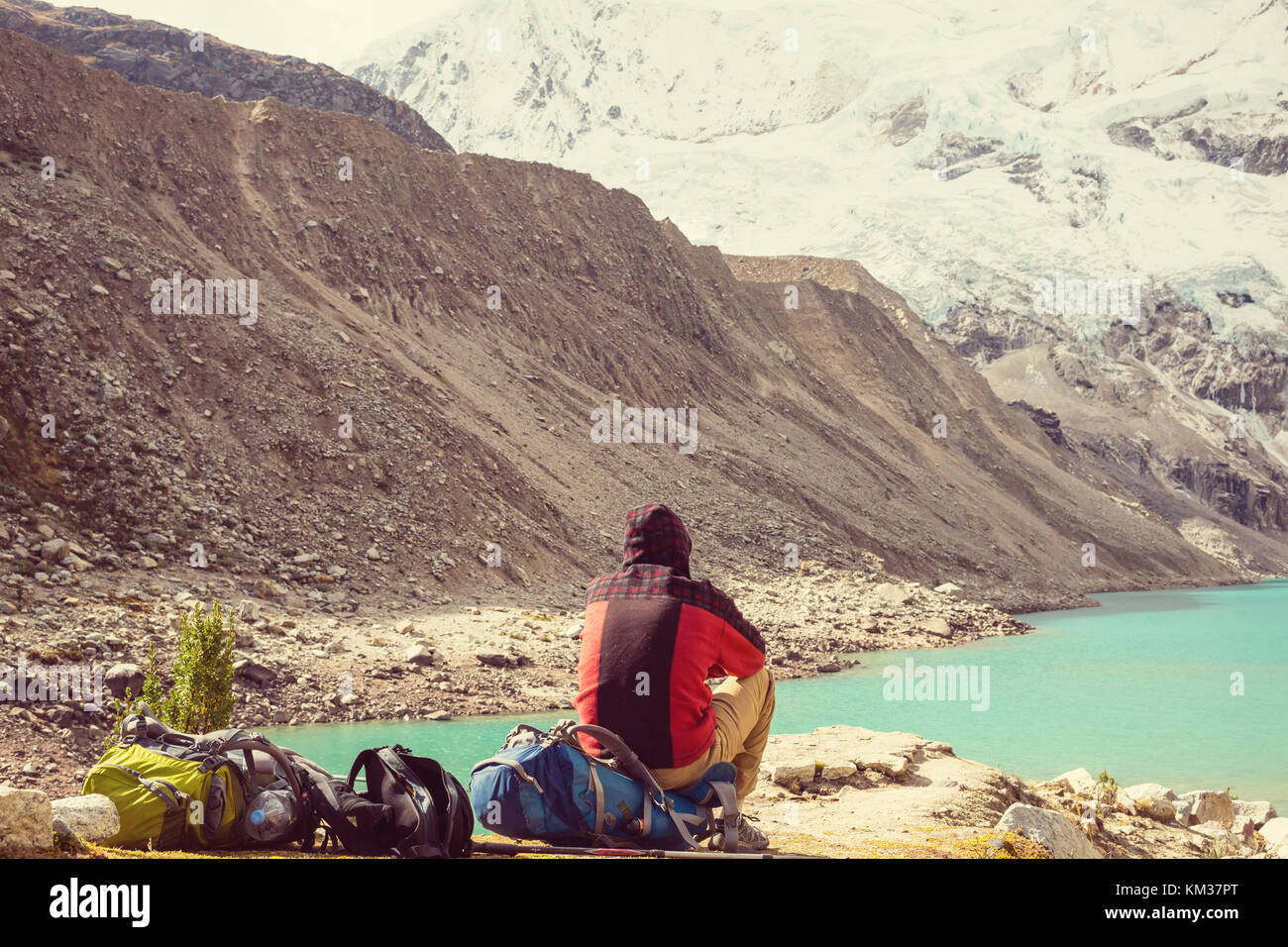 Hiking scene in Cordillera mountains, Peru Stock Photo - Alamy