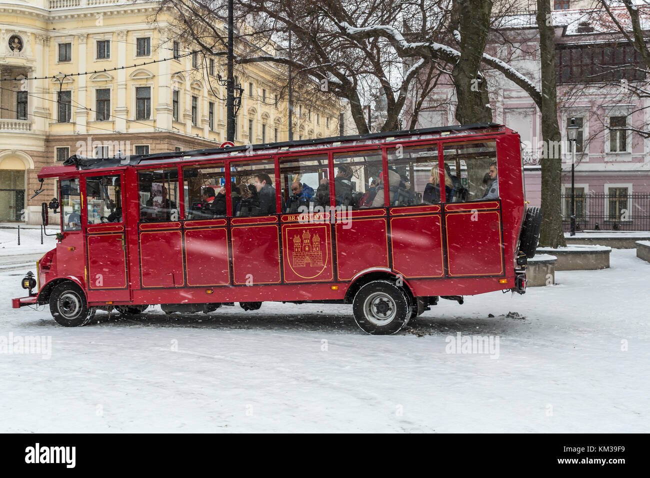 Bratislava, Slovakia. Famous Old Tourist Bus in the Snow Stock Photo ...