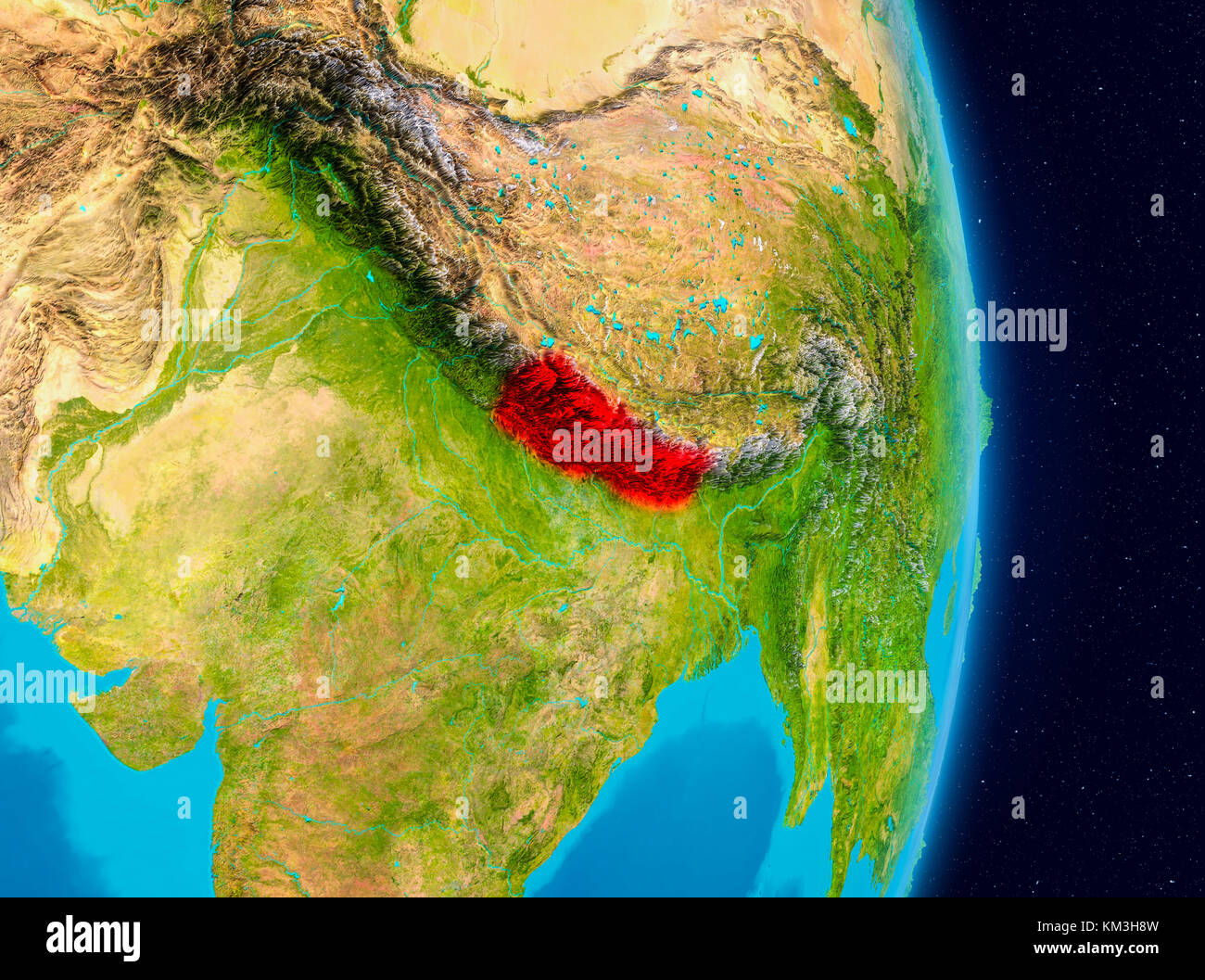 Country of Nepal in red on planet Earth. 3D illustration. Elements of ...