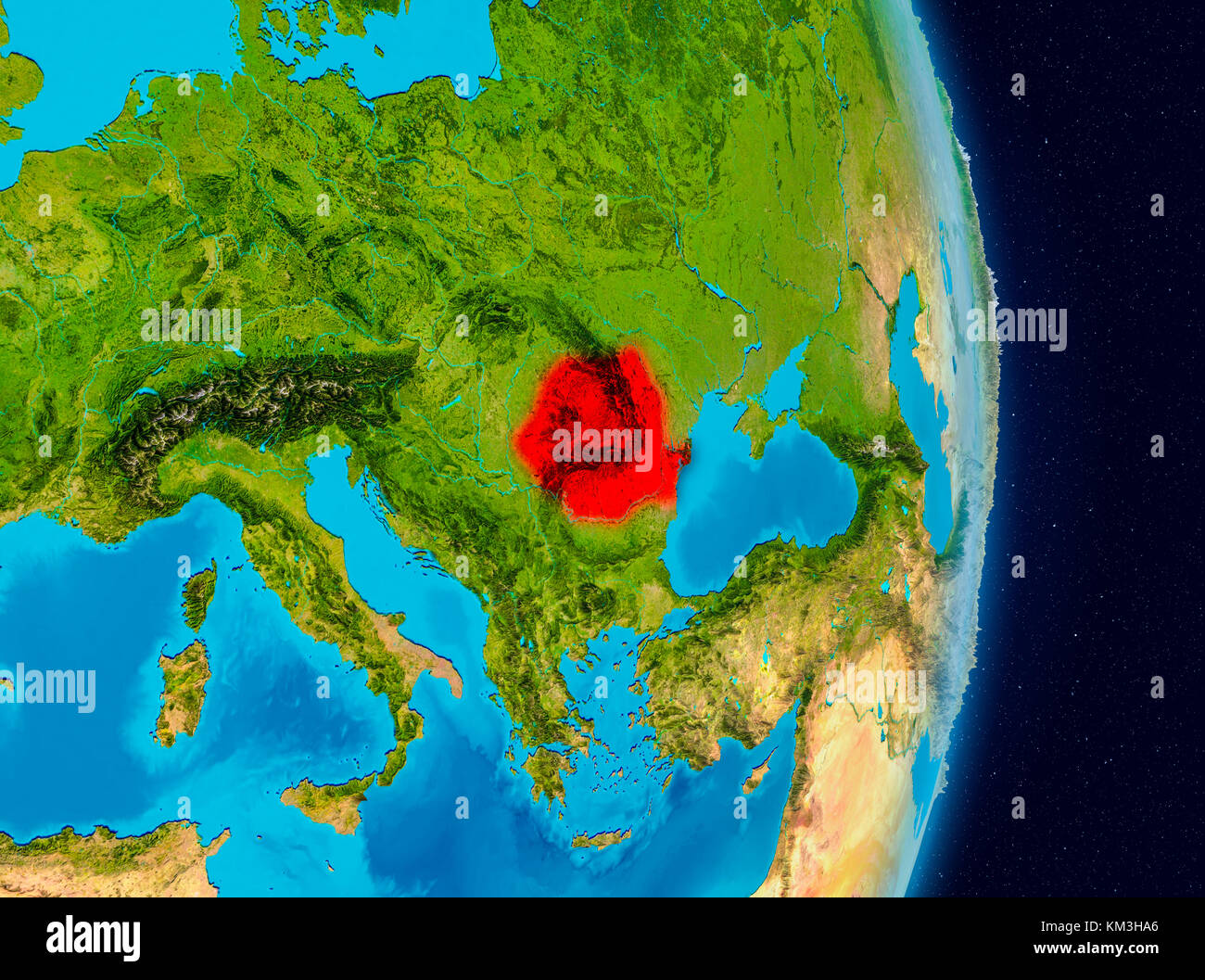 Country of Romania in red on planet Earth. 3D illustration. Elements of ...