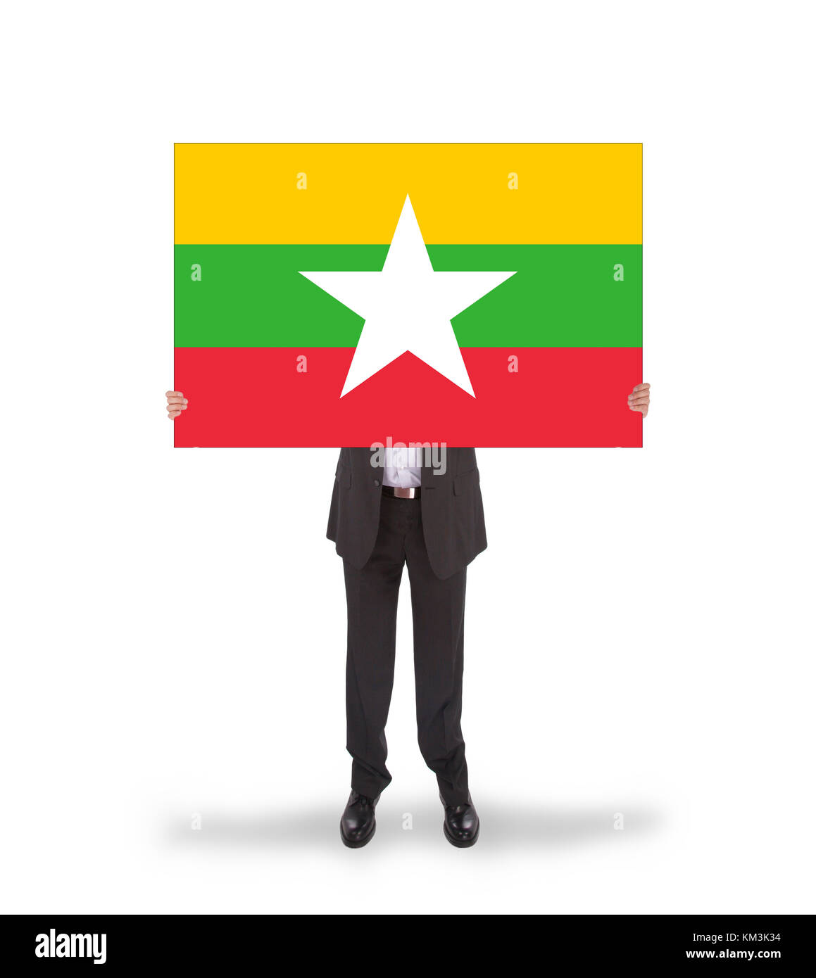Businessman holding a big card, flag of Myanmar, isolated on white ...
