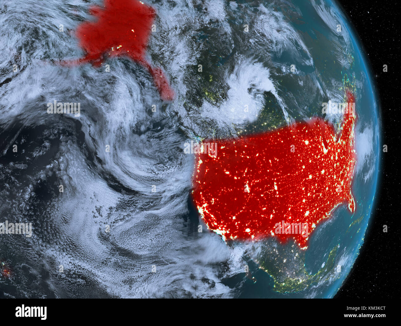 USA from orbit of planet Earth with clouds at night with highly ...