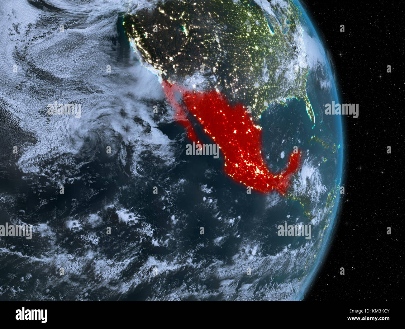 Mexico from orbit of planet Earth with clouds at night with highly ...