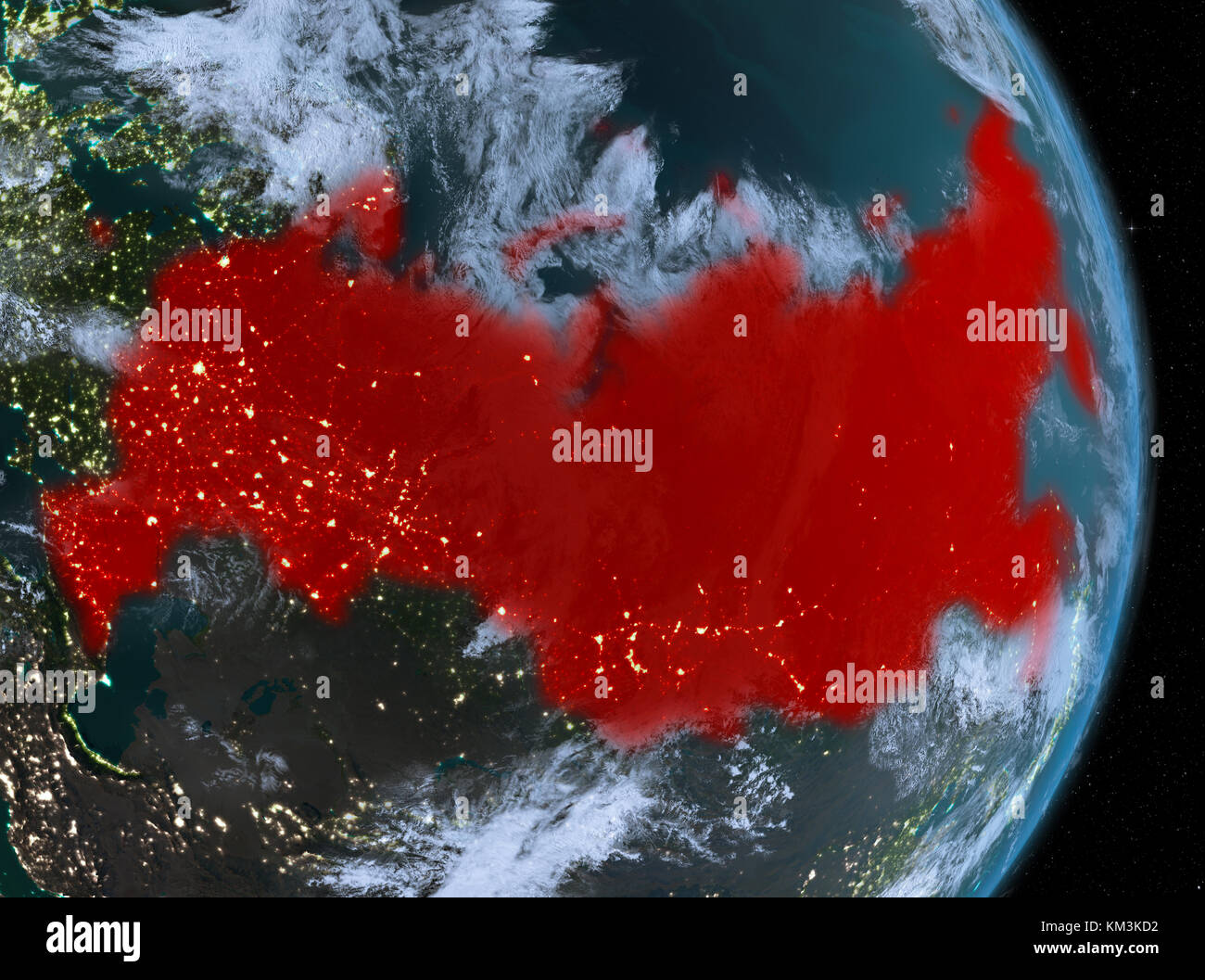 Russia from orbit of planet Earth with clouds at night with highly ...