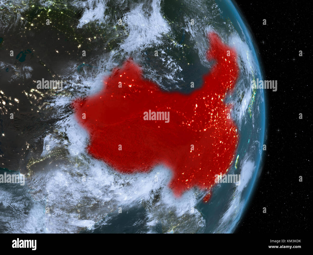 China from orbit of planet Earth with clouds at night with highly ...