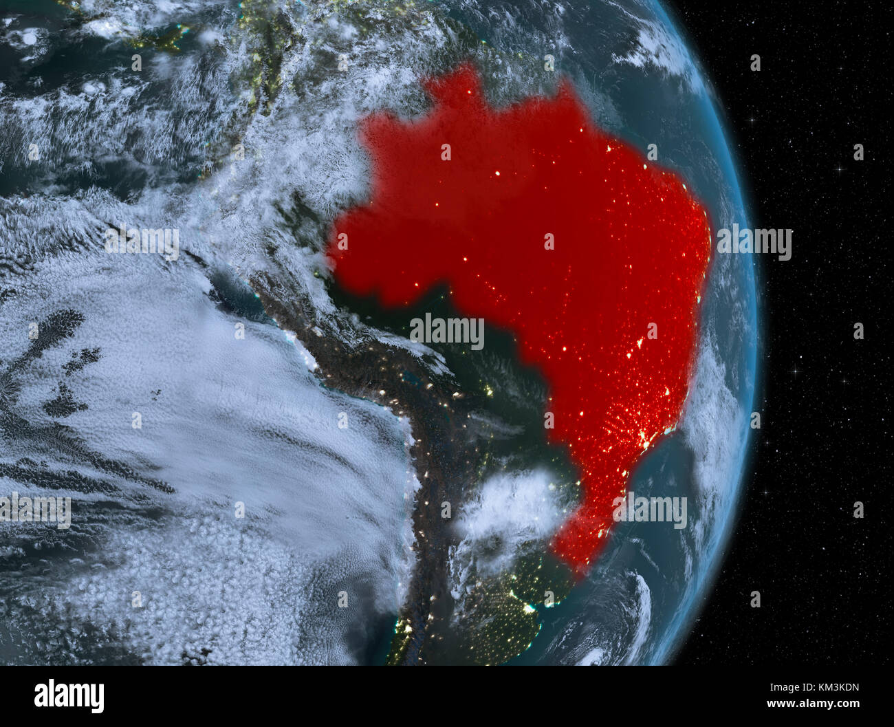 Brazil from orbit of planet Earth with clouds at night with highly ...