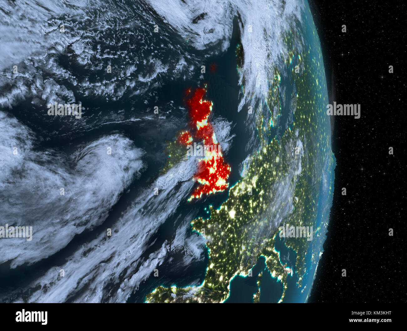 United Kingdom from orbit of planet Earth with clouds at night with ...