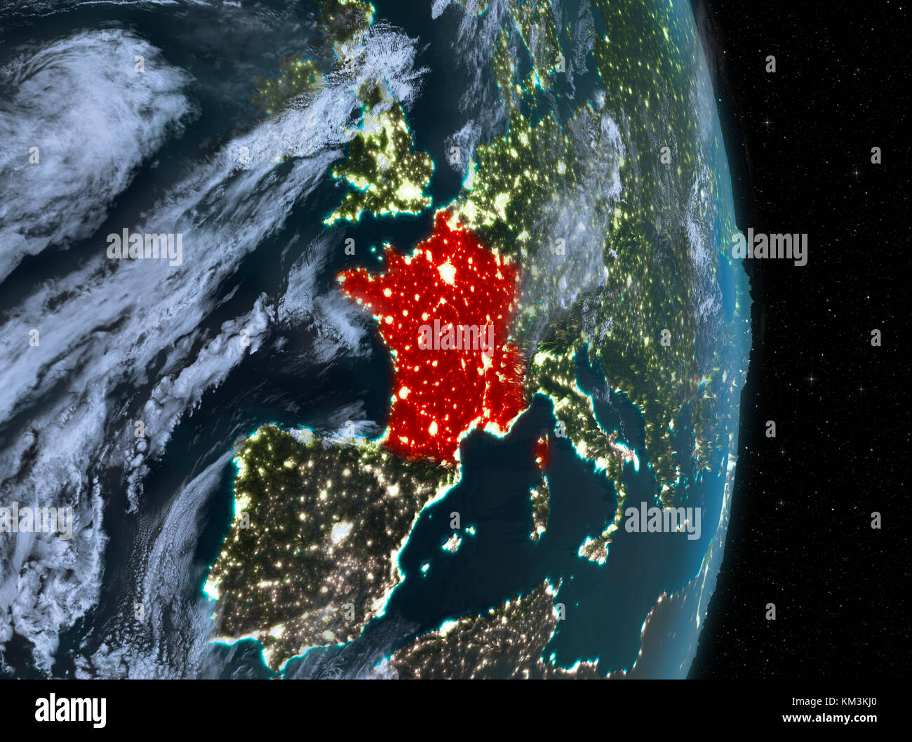 France from orbit of planet Earth with clouds at night with highly ...
