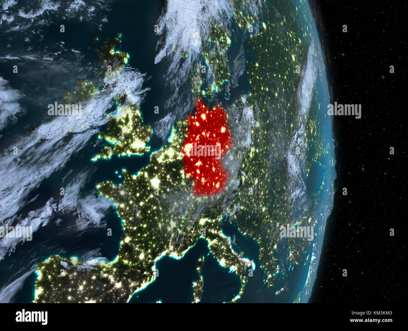 Germany from orbit of planet Earth with clouds at night with highly ...