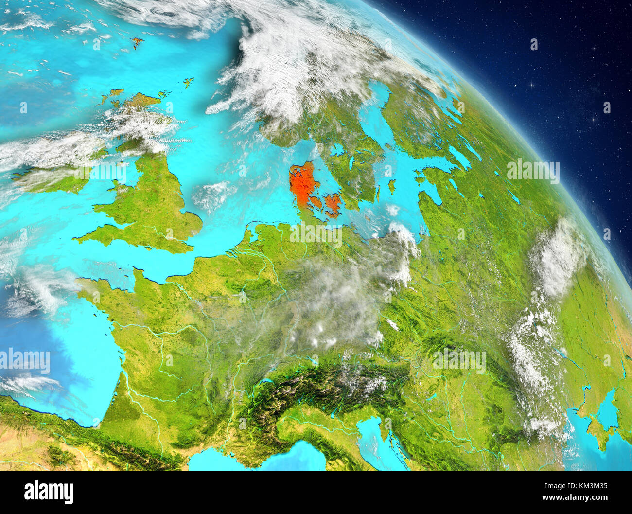 Illustration of Denmark as seen from Earth’s orbit. 3D illustration ...