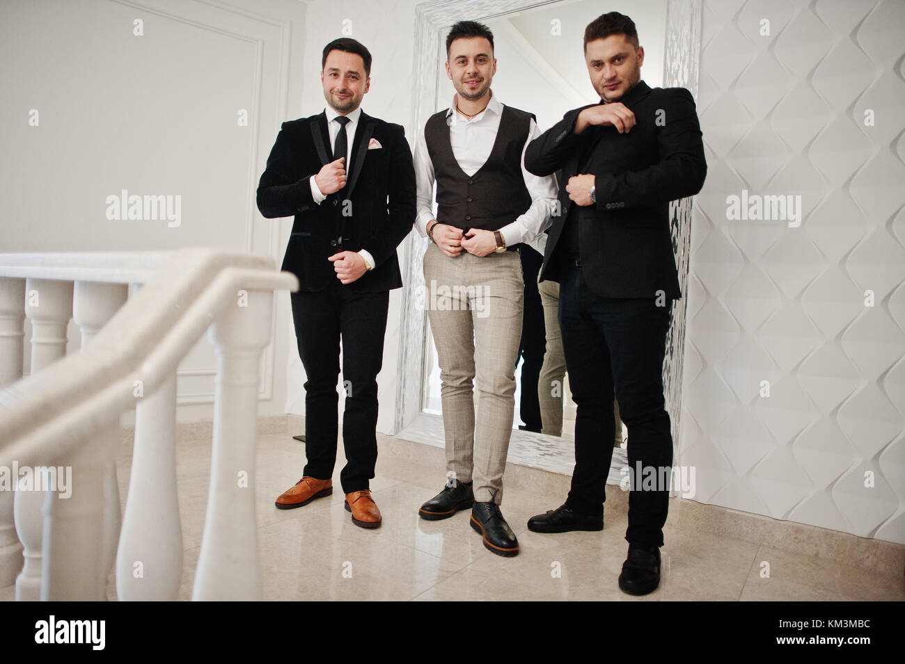 Three stylish bearded man well dressed posed. Musician band guys Stock ...