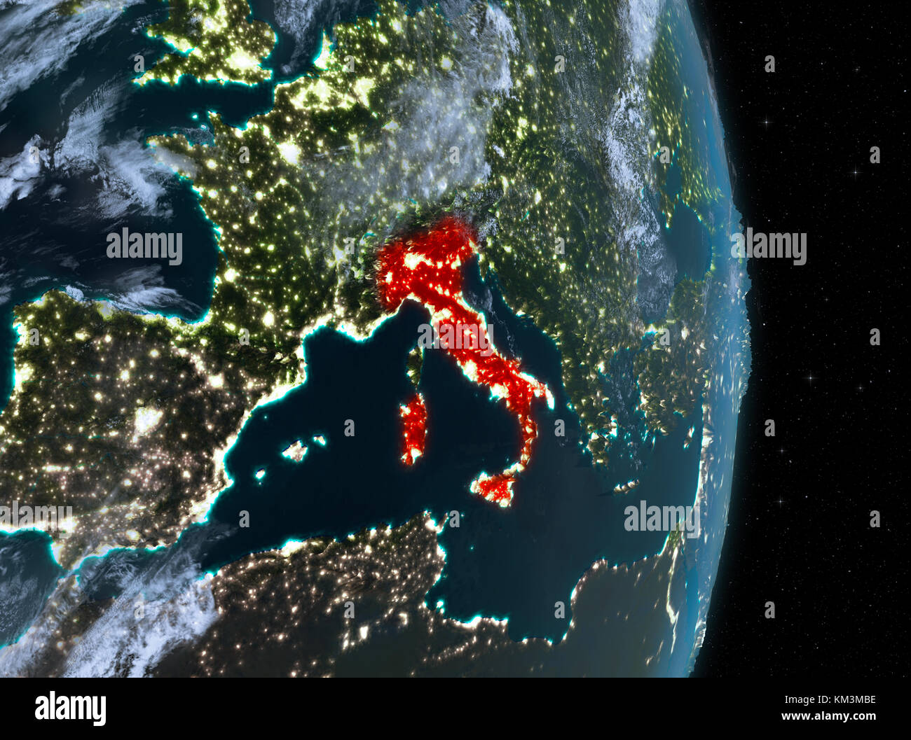 Italy from orbit of planet Earth with clouds at night with highly ...