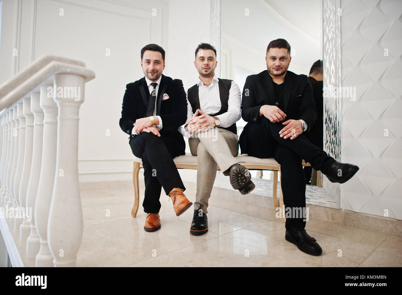 Three stylish bearded man well dressed posed. Musician band guys Stock ...