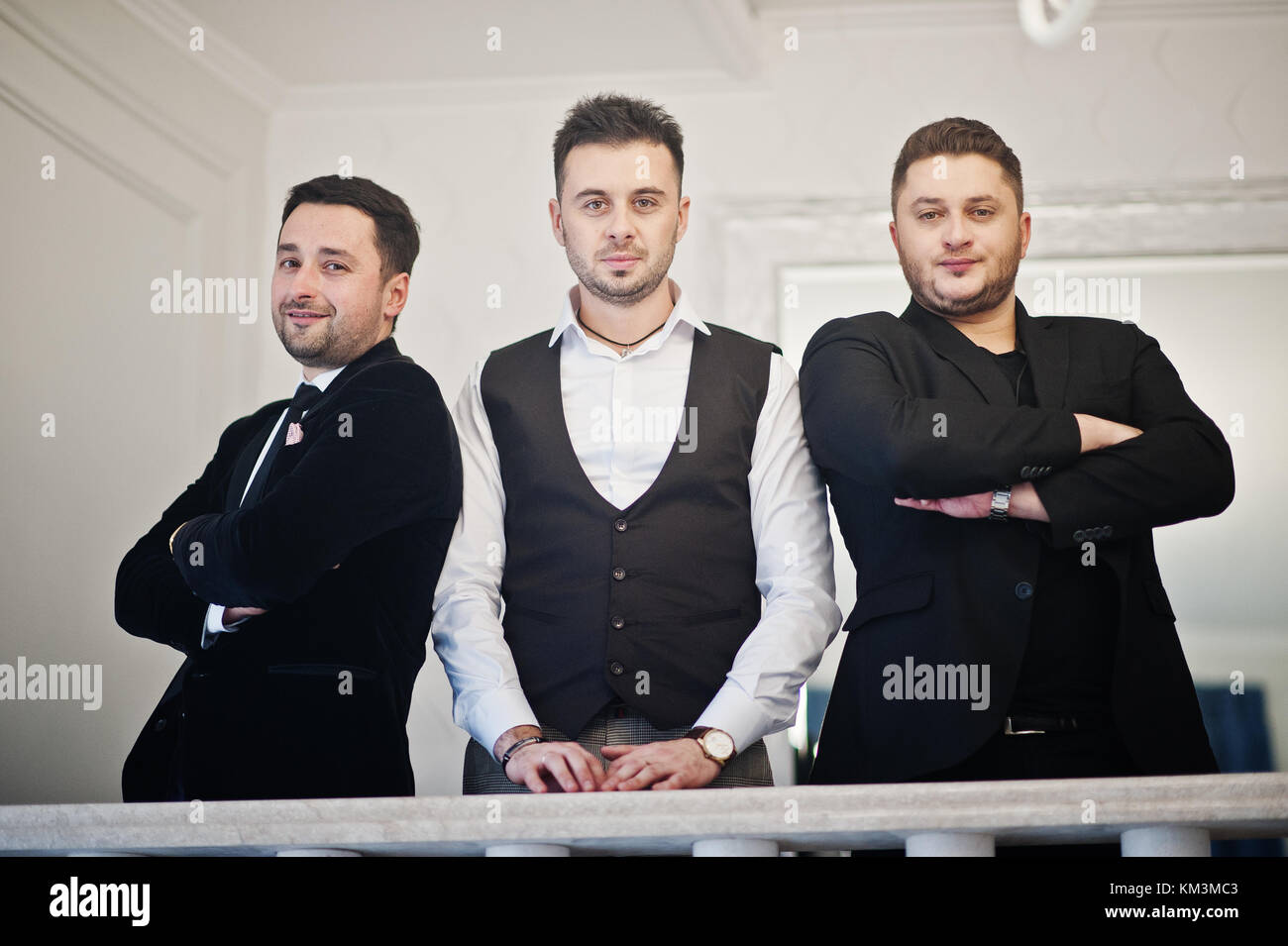 Three stylish bearded man well dressed posed. Musician band guys Stock ...