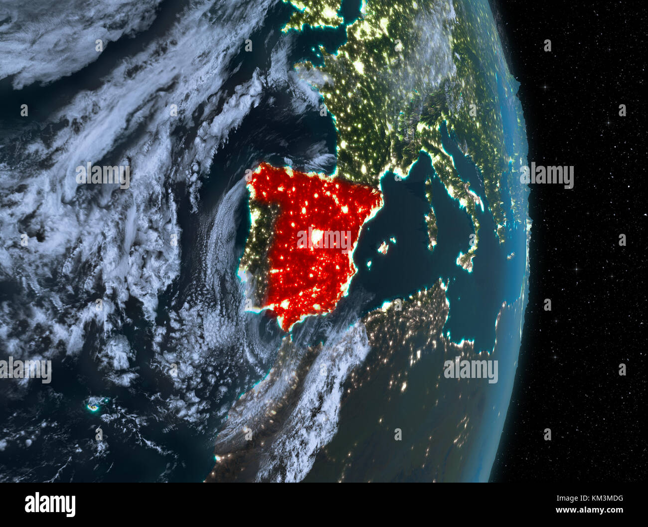 Spain from orbit of planet Earth with clouds at night with highly ...
