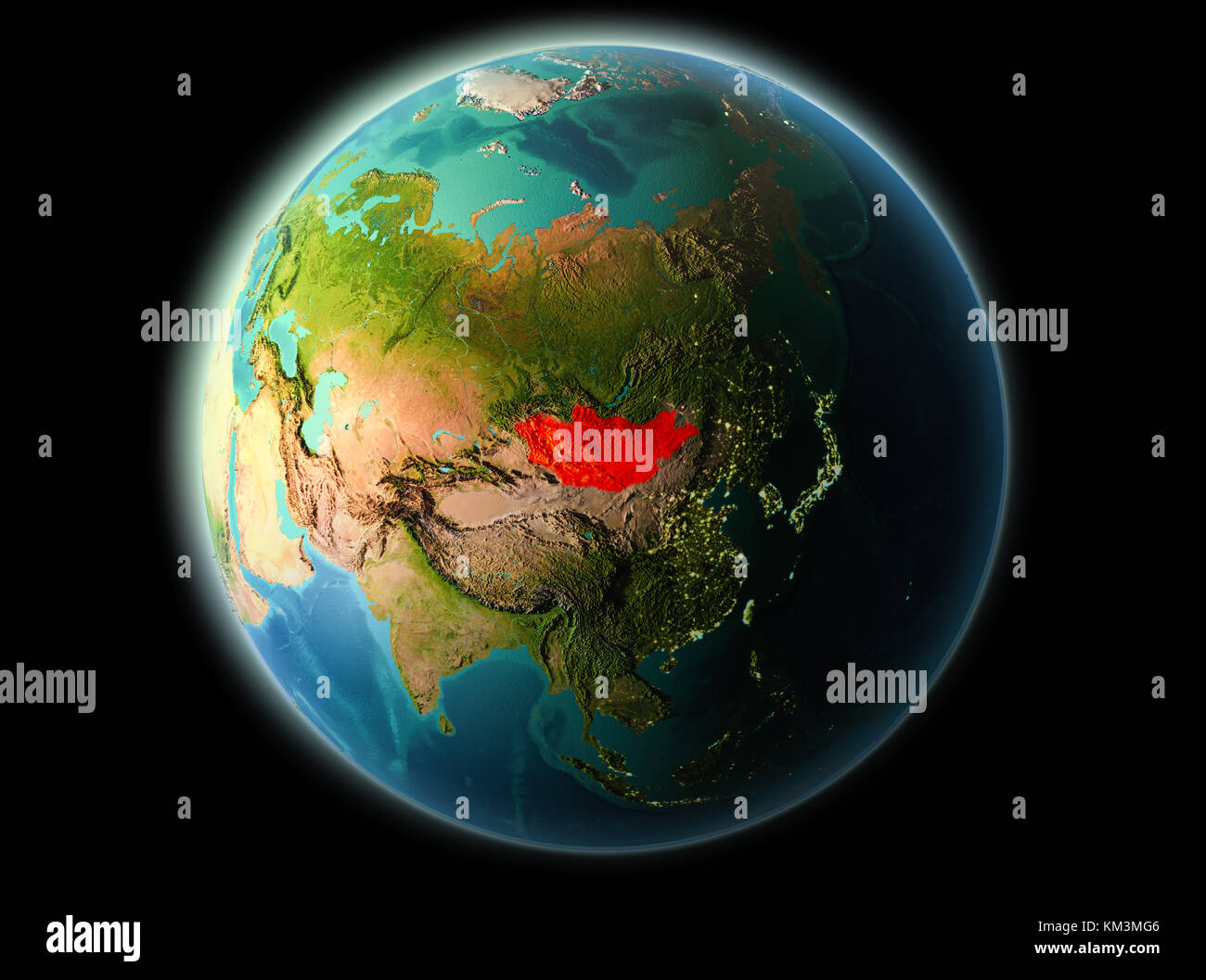 Mongolia from orbit of planet Earth at night with highly detailed ...