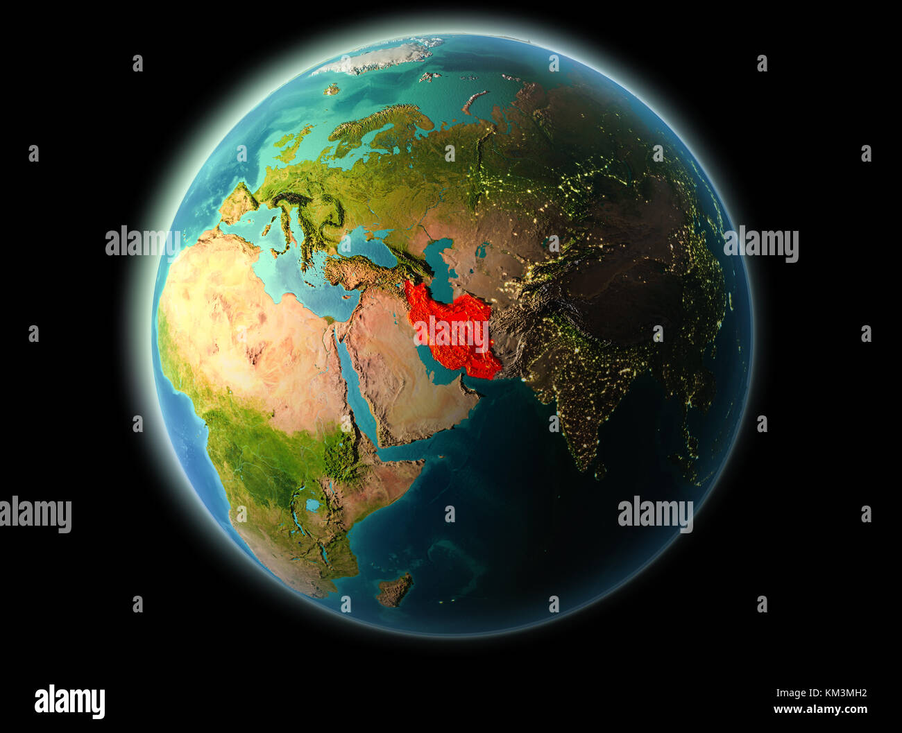 Iran from orbit of planet Earth at night with highly detailed surface ...