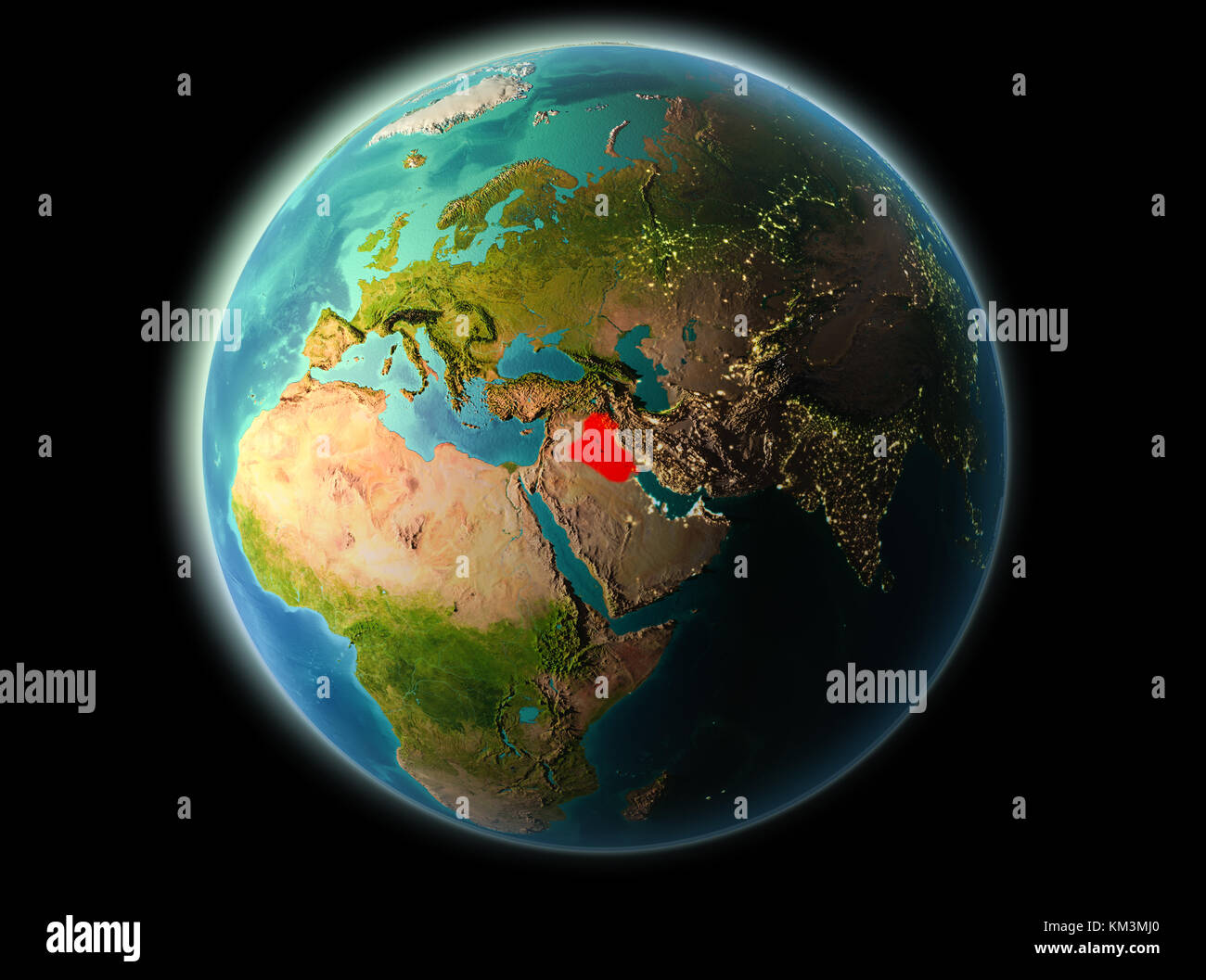 Iraq from orbit of planet Earth at night with highly detailed surface ...