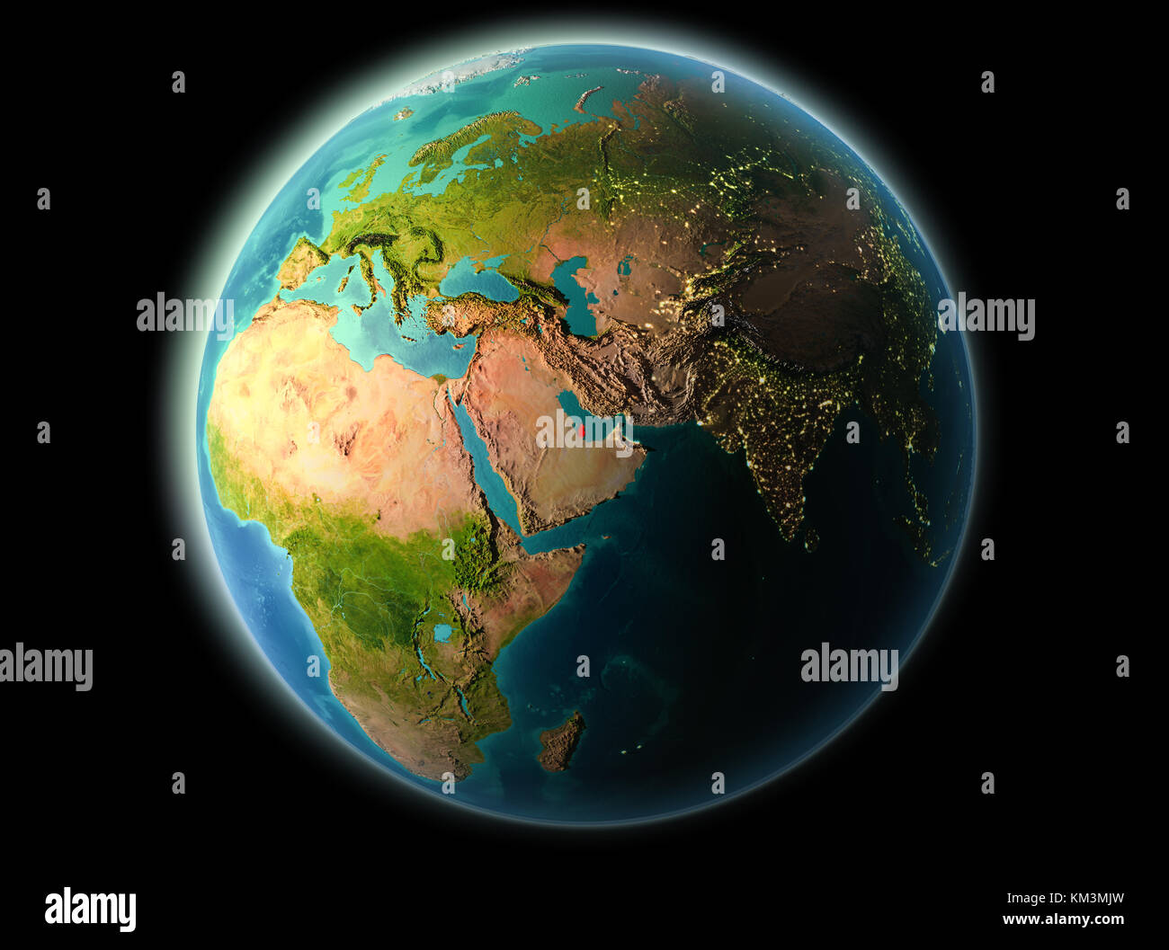 Qatar from orbit of planet Earth at night with highly detailed surface ...