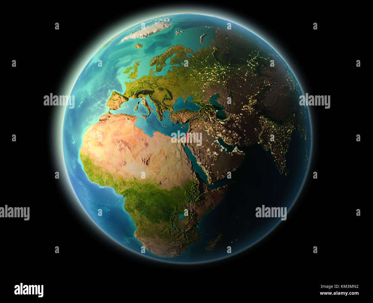 Israel from orbit of planet Earth at night with highly detailed surface ...
