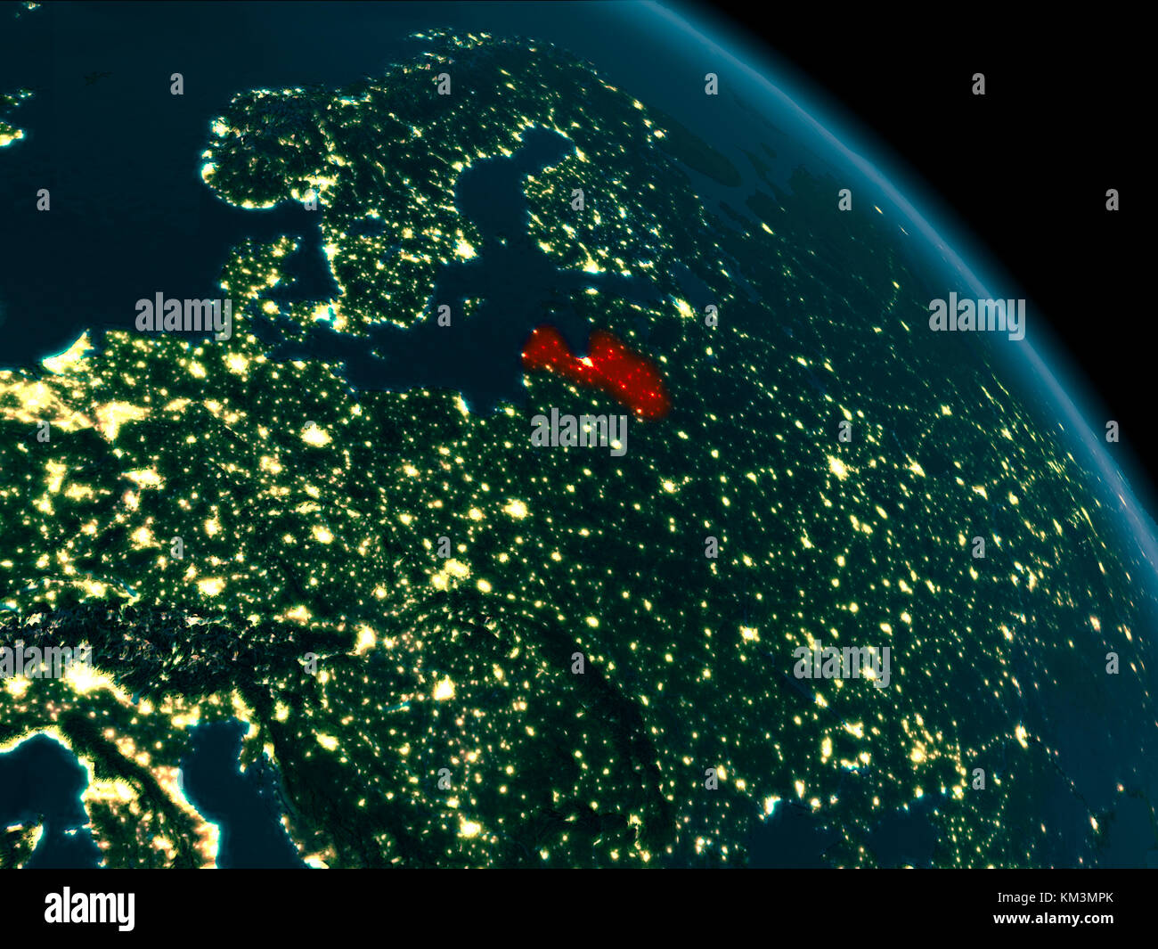 Orbit view of Latvia at night highlighted in red on planet Earth with highly detailed surface ...