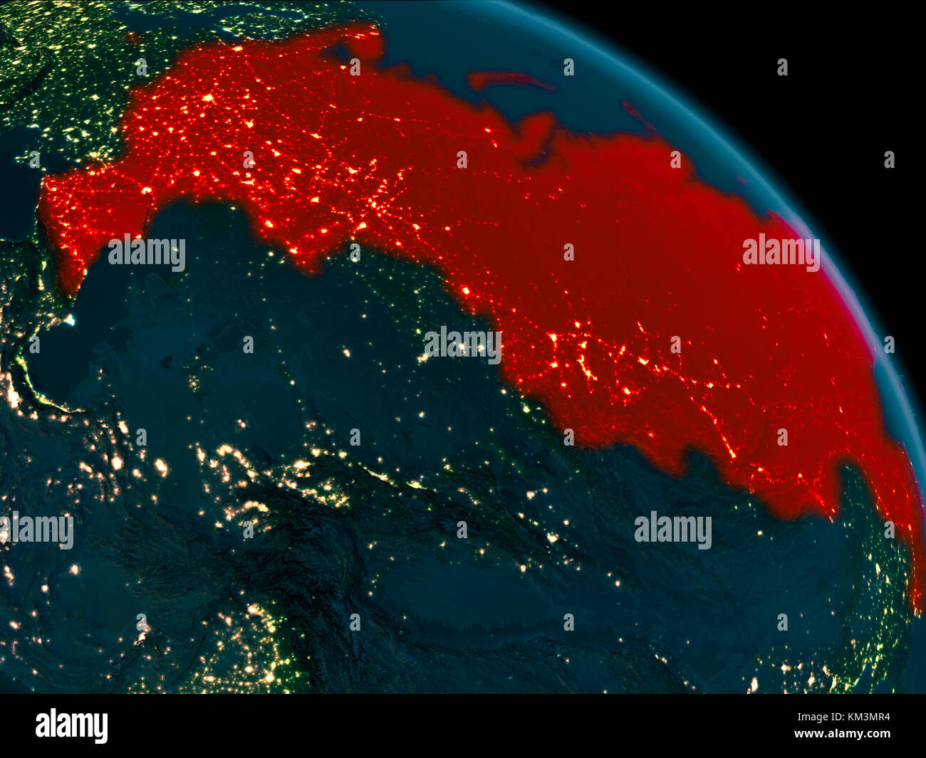 Orbit view of Russia at night highlighted in red on planet Earth with ...