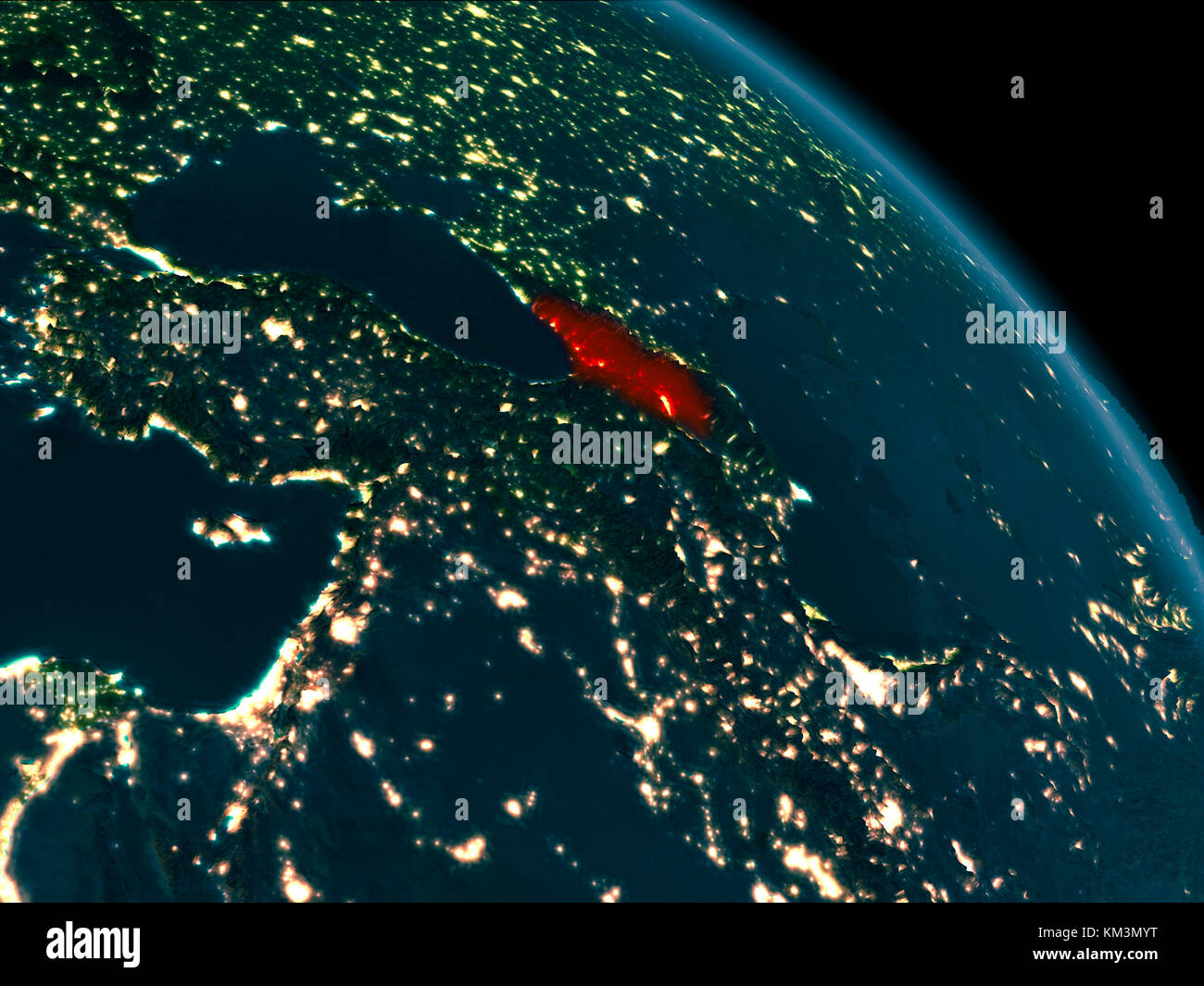 Orbit view of Georgia at night highlighted in red on planet Earth with ...