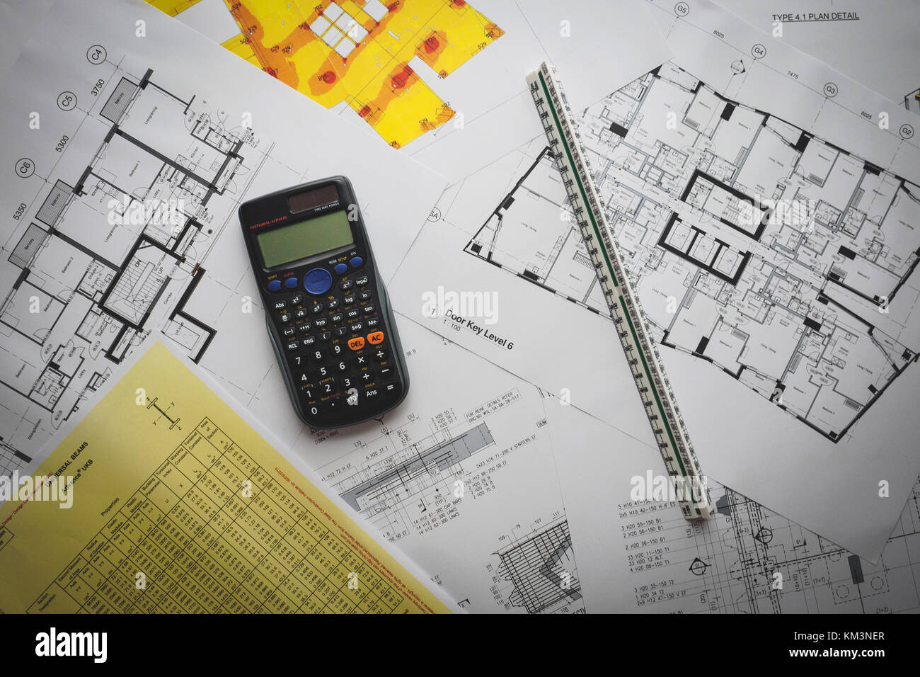 Detail view of architectural and structural construction drawings with ...