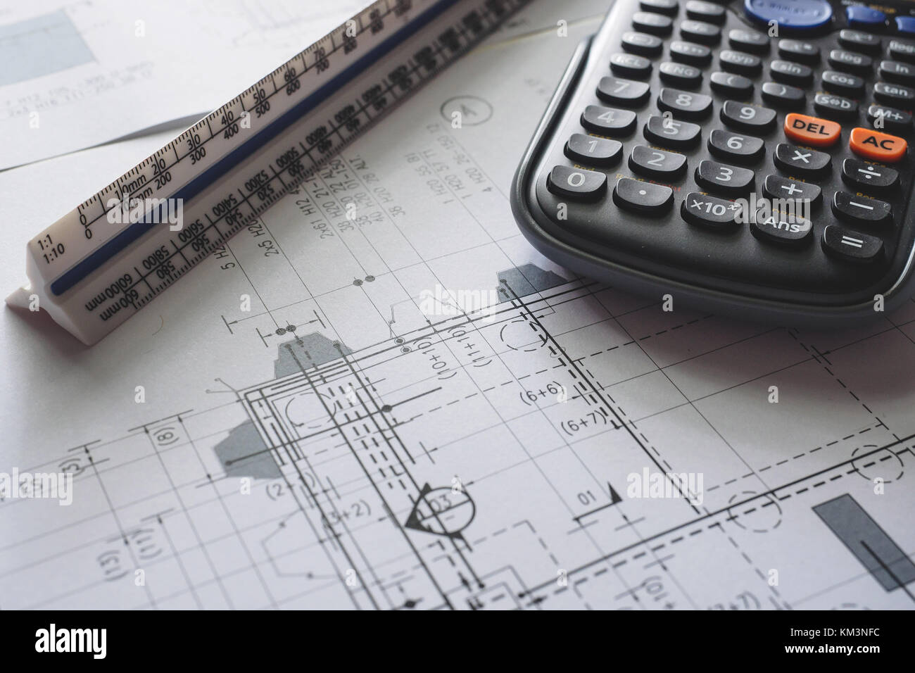 Detail view of architectural and structural construction drawings with ...