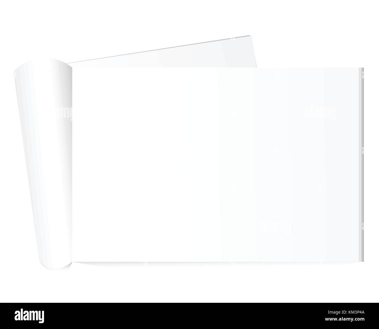 Blank open magazine template with rolled pages on white background ...