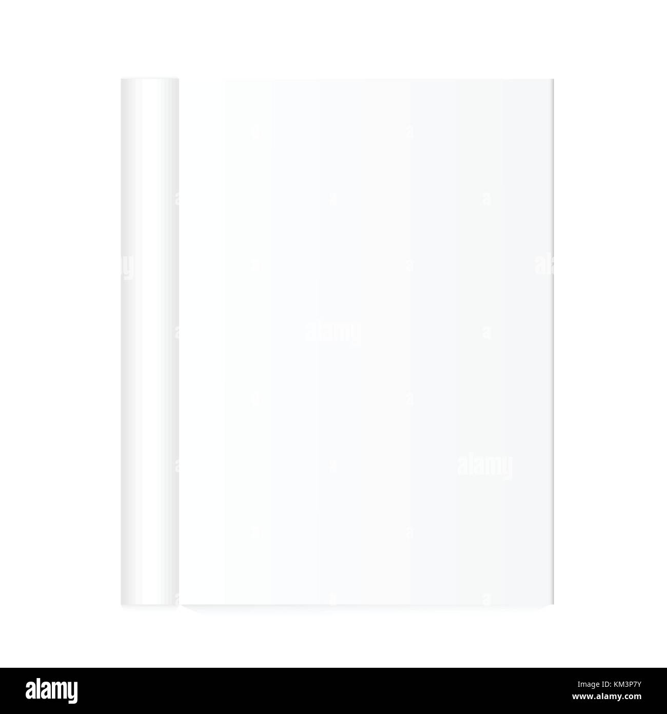 Blank open magazine template with rolled pages on white background ...