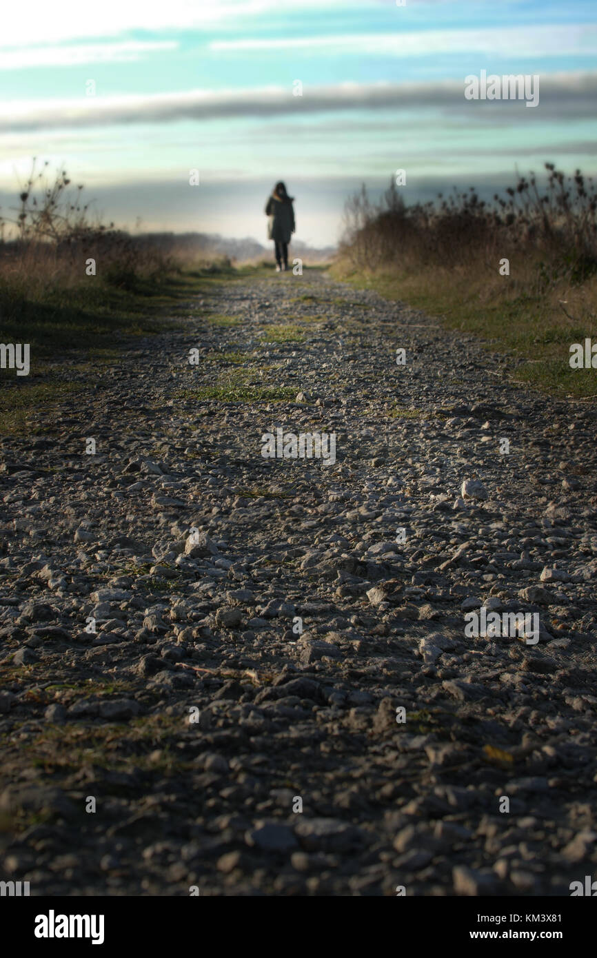 Walking a path into the distance. Back view of a woman on the horizon ...