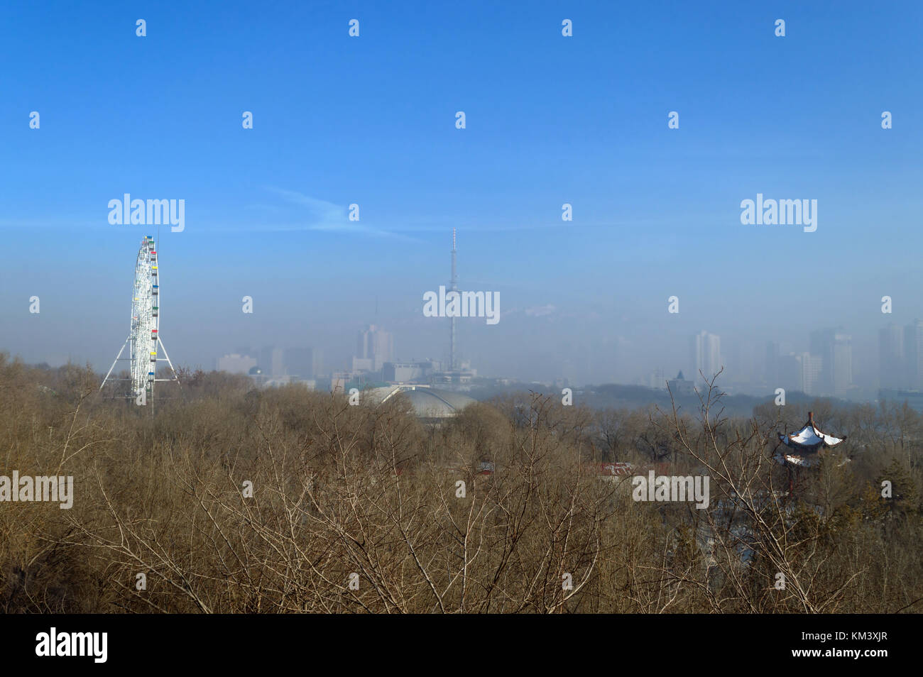 ferris wheel with Urumqi cityscape and winter trees in park Stock Photo ...