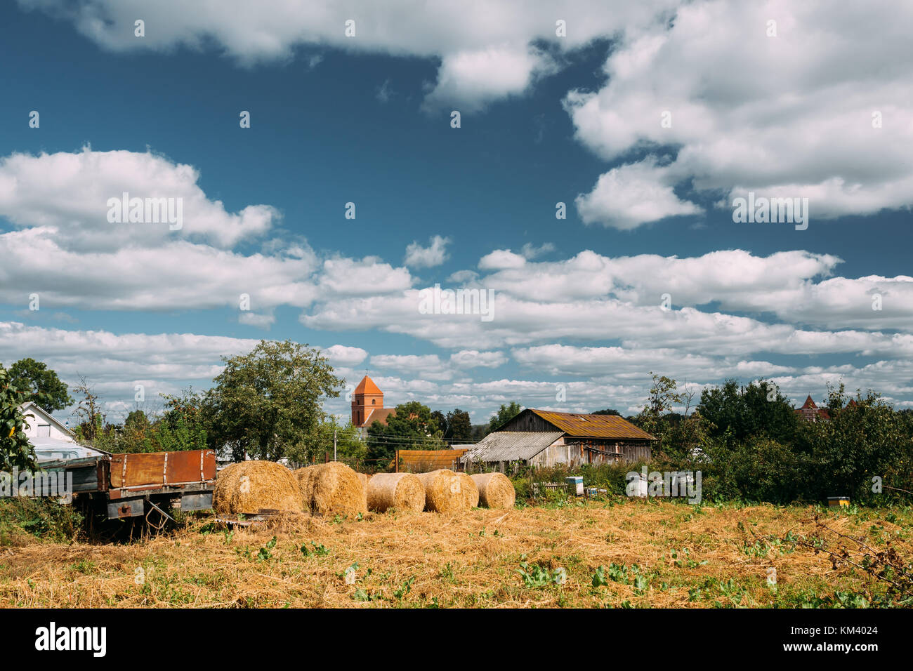 Mir, Belarus. Landscape Of Village Houses And Saint Nicolas Roman ...